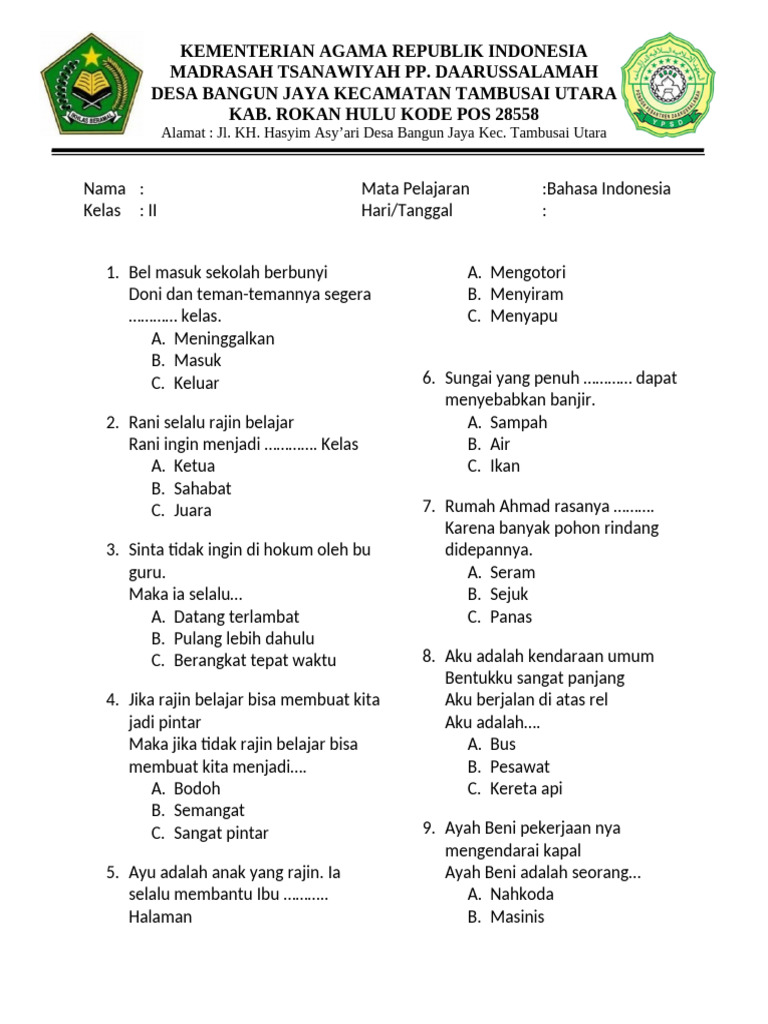 Soal Bahasa Indonesia Kelas 2 | PDF