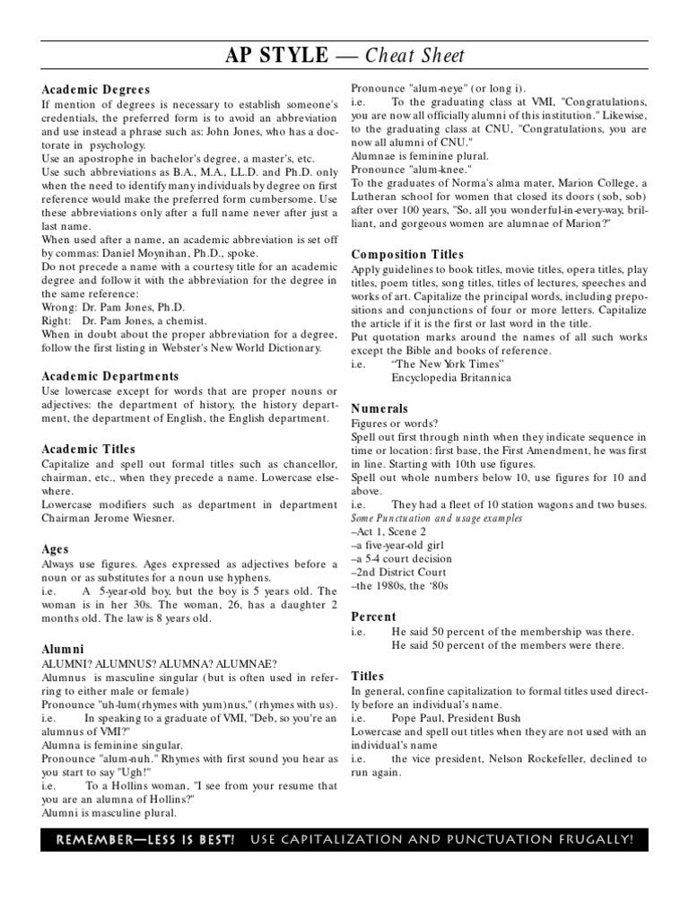 AP Style Cheat Sheet | Download Free PDF | Academic Degree | English Language