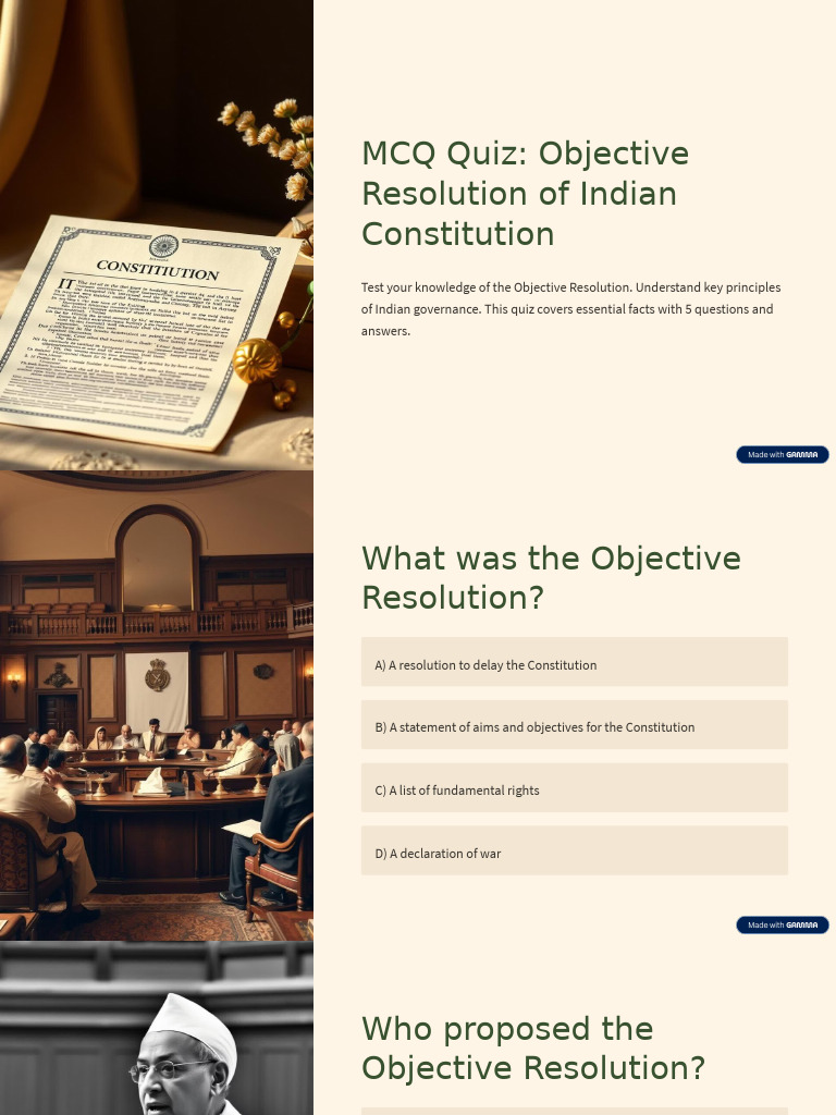 MCQ Quiz Objective Resolution of Indian Constitution | PDF