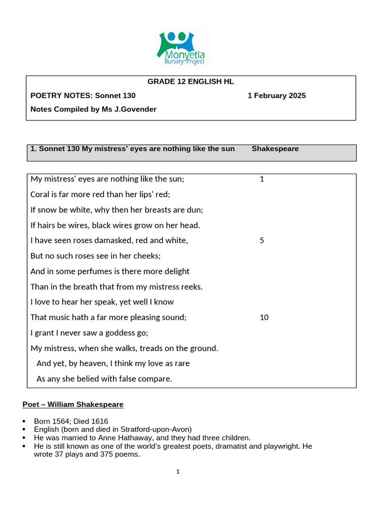 Shakespeare's Sonnet 130 Analysis | PDF | Sonnets | Stanzaic Form