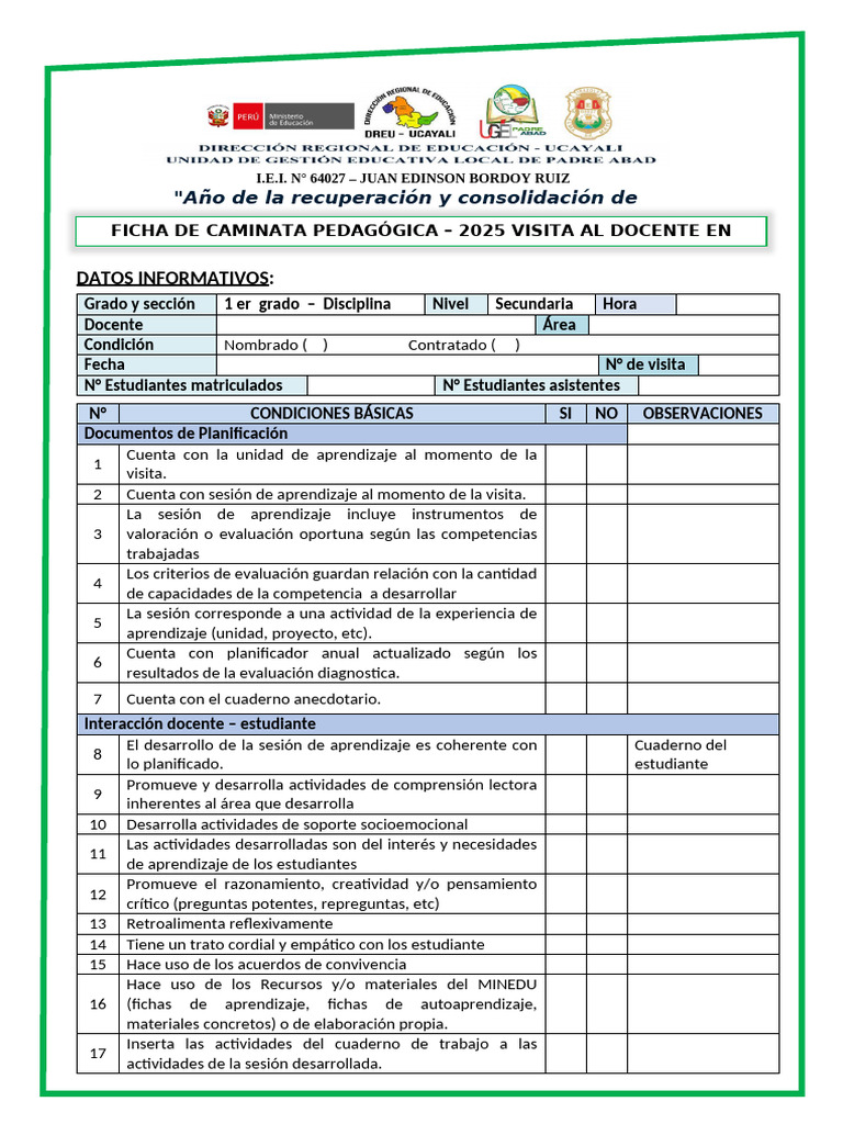 Ficha de Visita Docente 2025 | PDF | Aprendizaje | Salón de clases