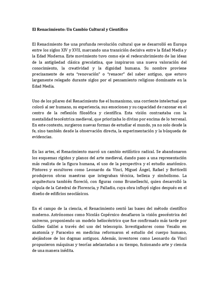 El Renacimiento Un Cambio Cultural y Científico | PDF