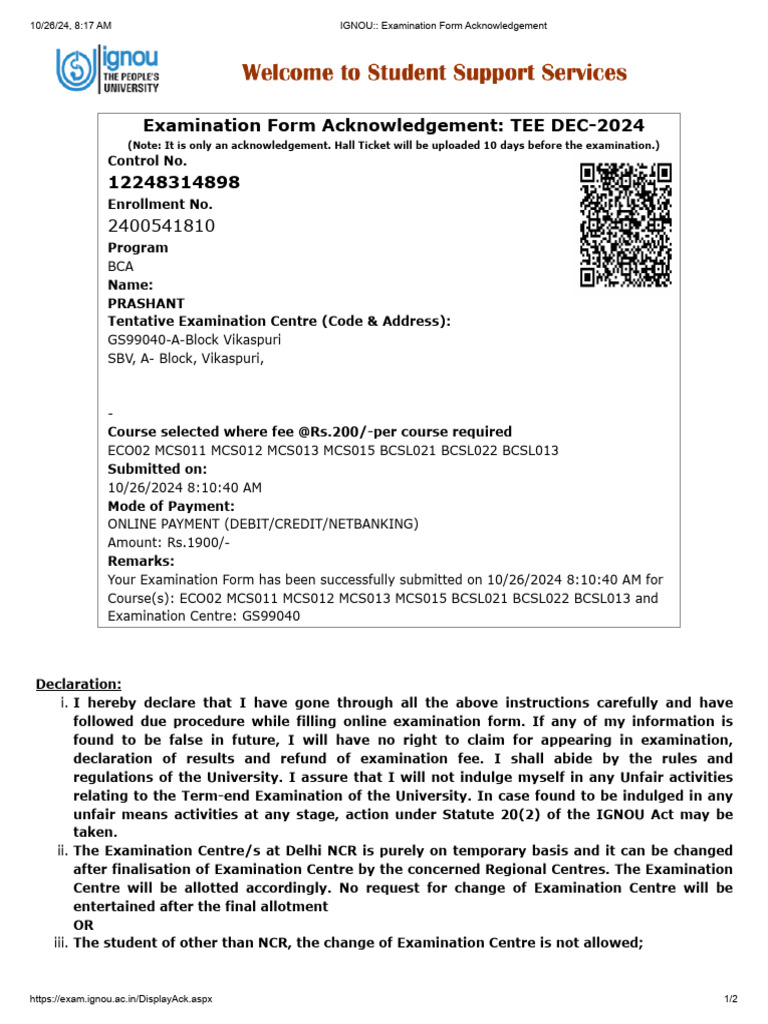 IGNOU - Examination Form Acknowledgement | PDF