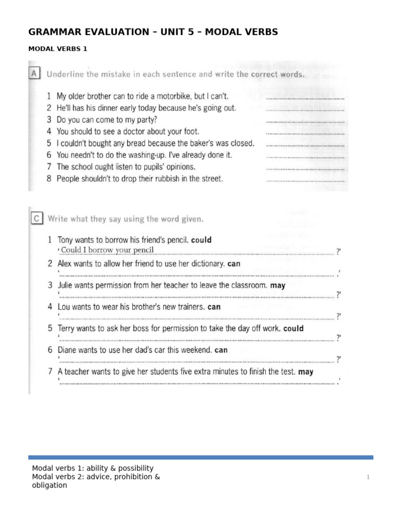 Grammar Evaluation - Unit 5 - Modal Verbs | PDF