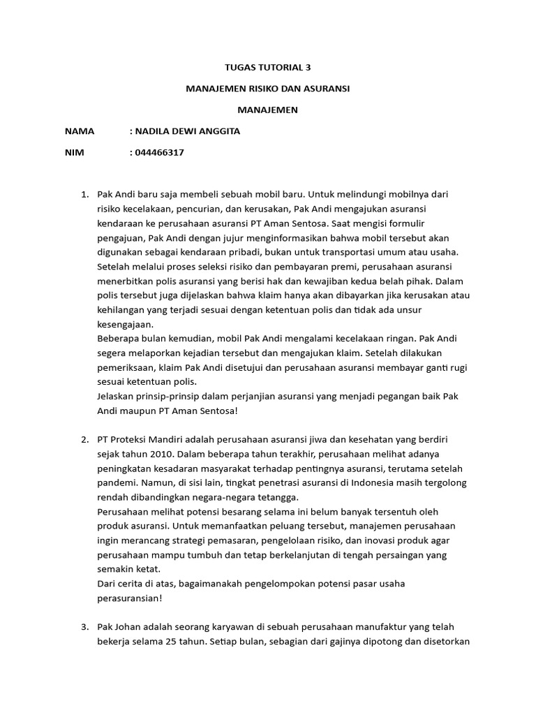Tugas Tutorial 3 Manajemen Risiko Dan Asuransi | PDF