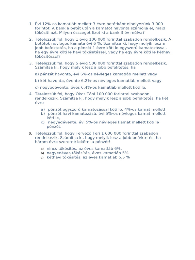 Kamatszámítás Gyakorló Feladatok | PDF