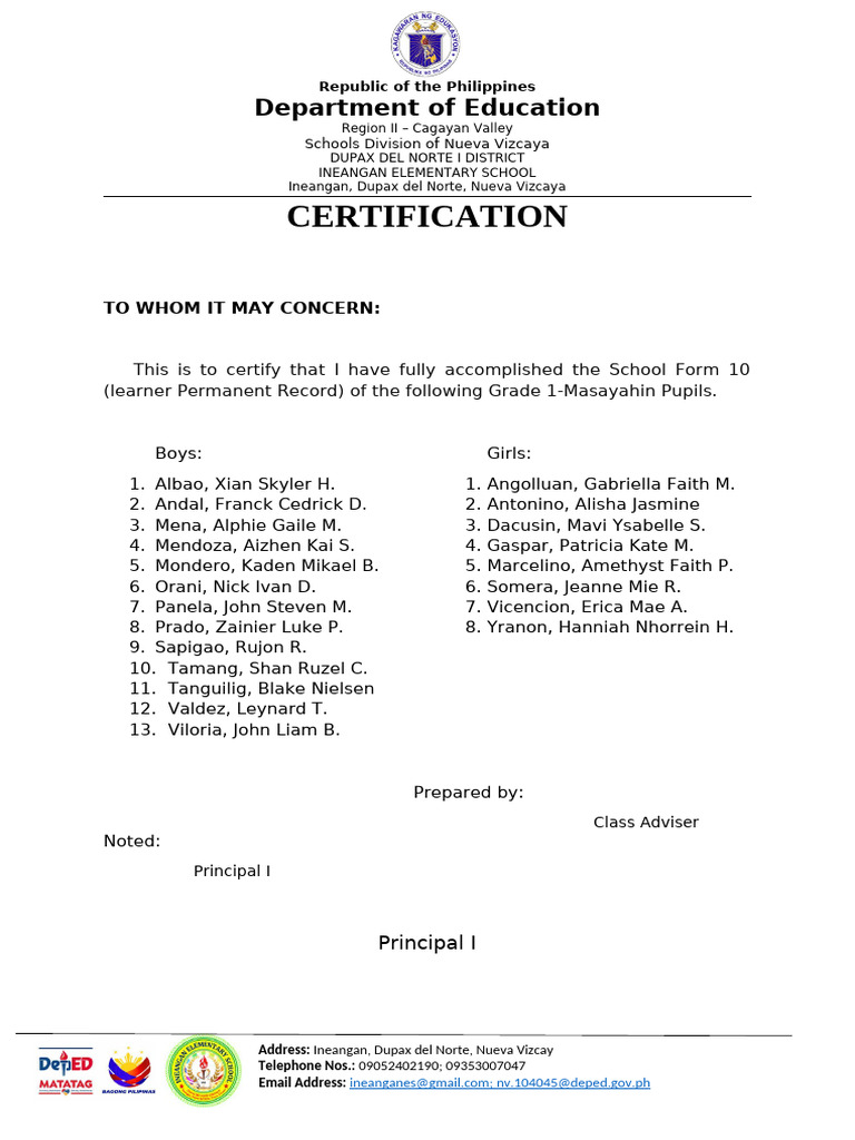 Certification of Grade 1 Pupils at Ineangan | PDF