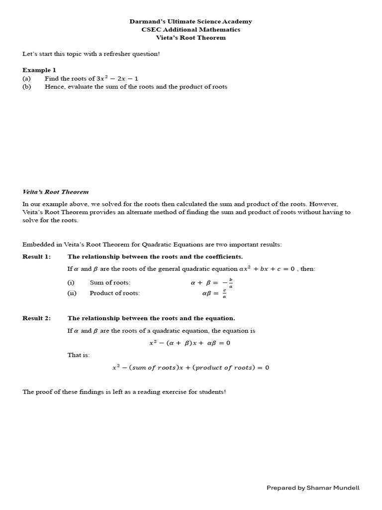 Notes - Vieta's Root Theorem | PDF | Quadratic Equation | Equations