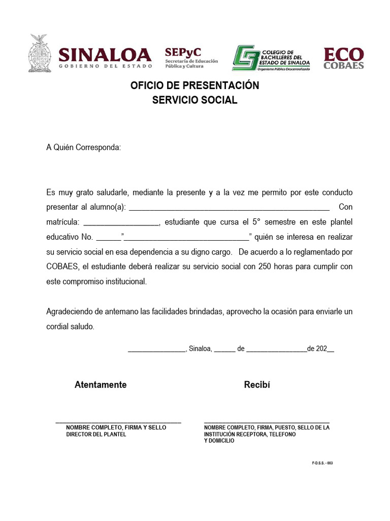 5.oficio Presentacion Servicio Social - P - Instituciones Receptoras | PDF