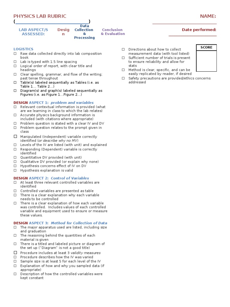 Physics Lab Scoring Rubric | PDF | Chart | Variable (Mathematics)