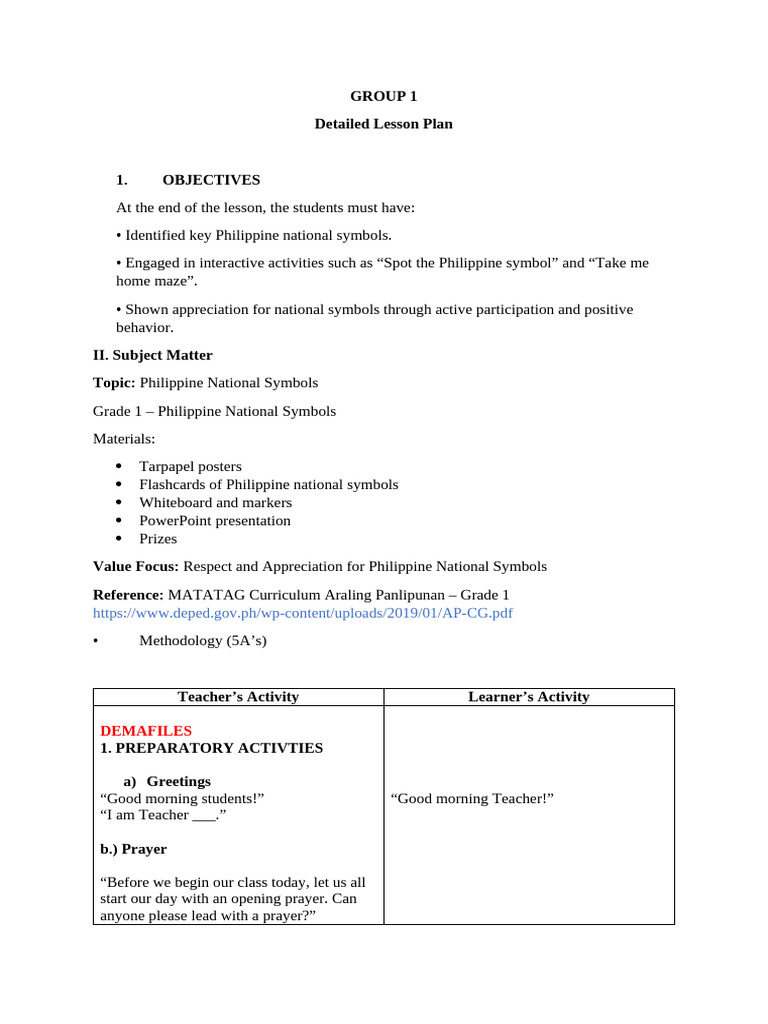 GROUP 1 FINALIZED LESSON PLAN - PHILIPPINE NATIONAL SYMBOLS ...
