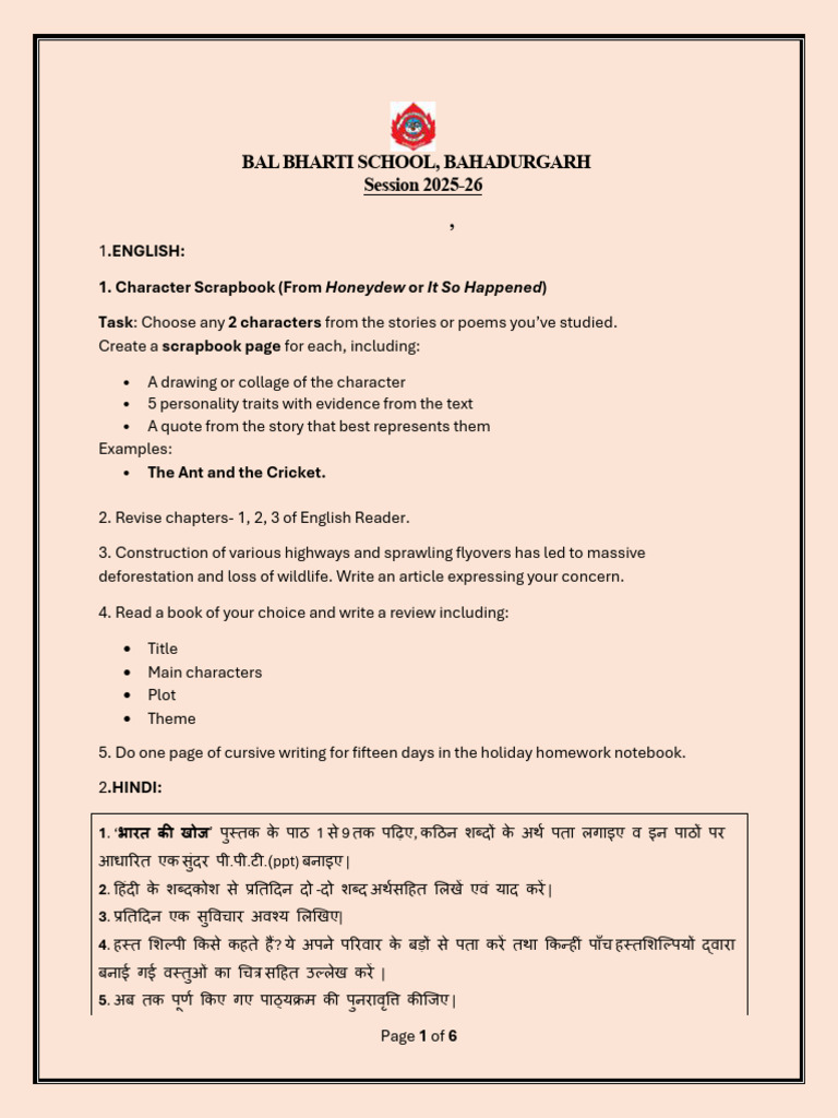 Class Viii-Summer Holidays' Homework - (2025-26) | PDF | Spreadsheet ...