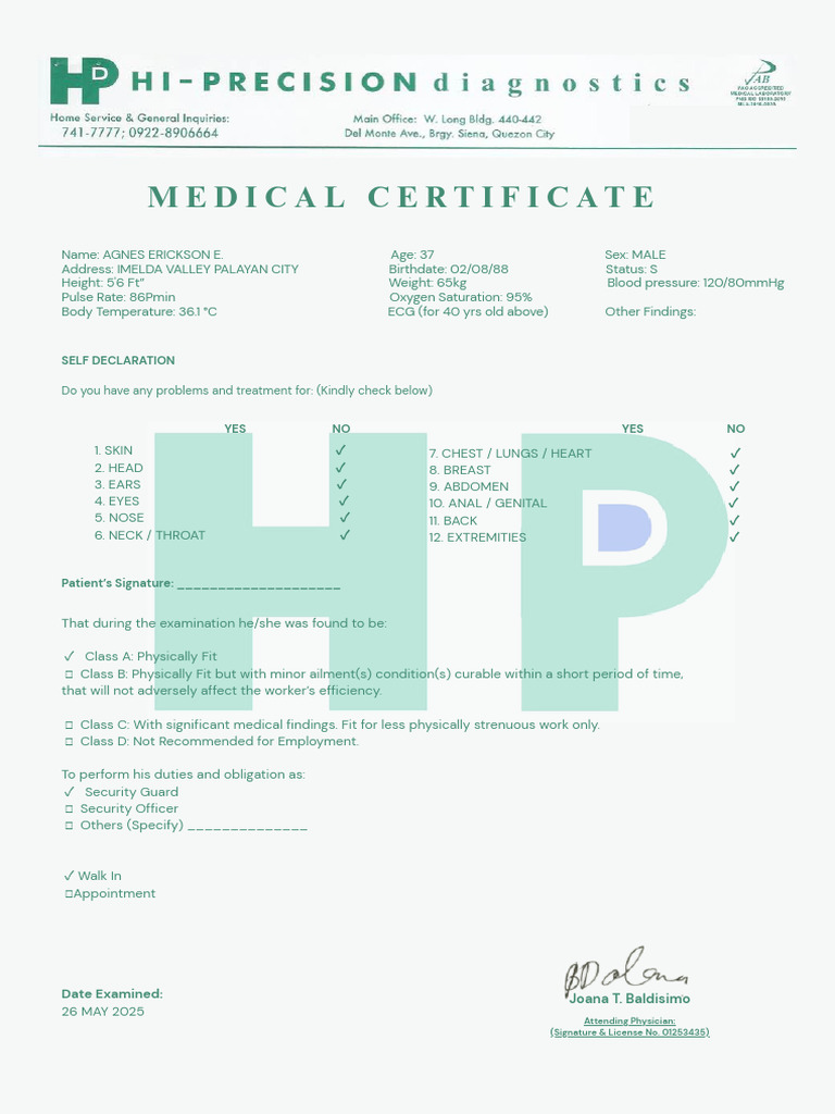 Medical Certificate for Employment Fitness | PDF