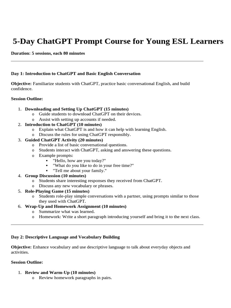 5 Day CGPT Prompt Course For ESL Students | PDF | Homework | English Language