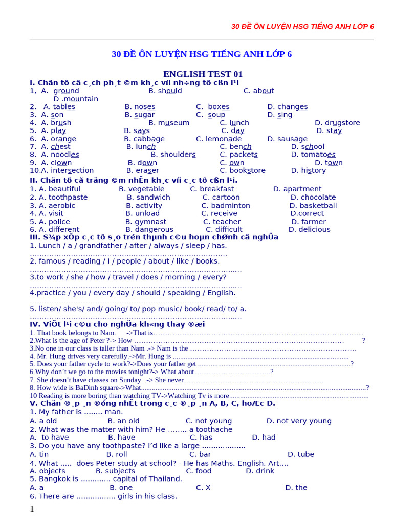 30 de On Luyen HSG Tieng Anh Lop 6 | PDF