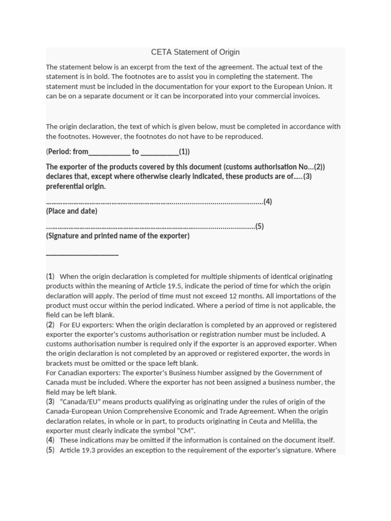 CETA Statement of Origin | PDF | Customs