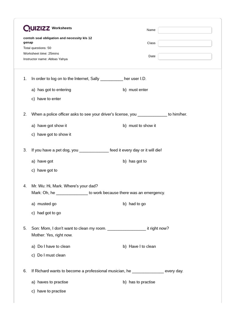Obligation and Necessity Worksheets K12 | PDF