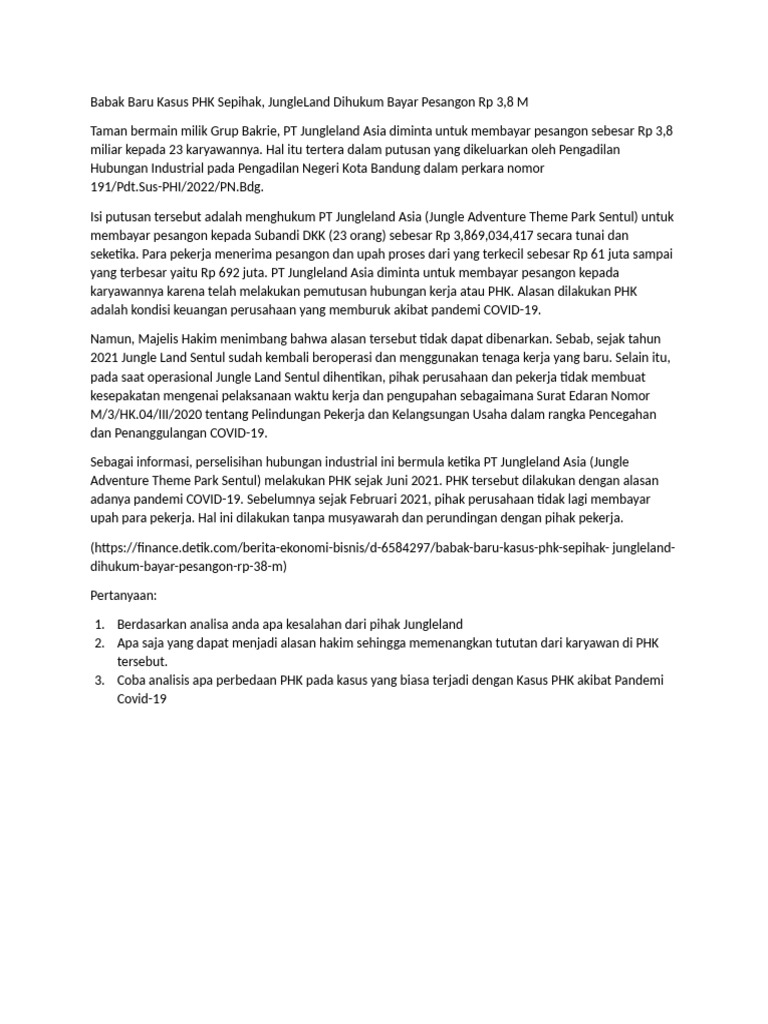 Babak Baru Kasus PHK Sepihak (2) - Study Case 2 | PDF