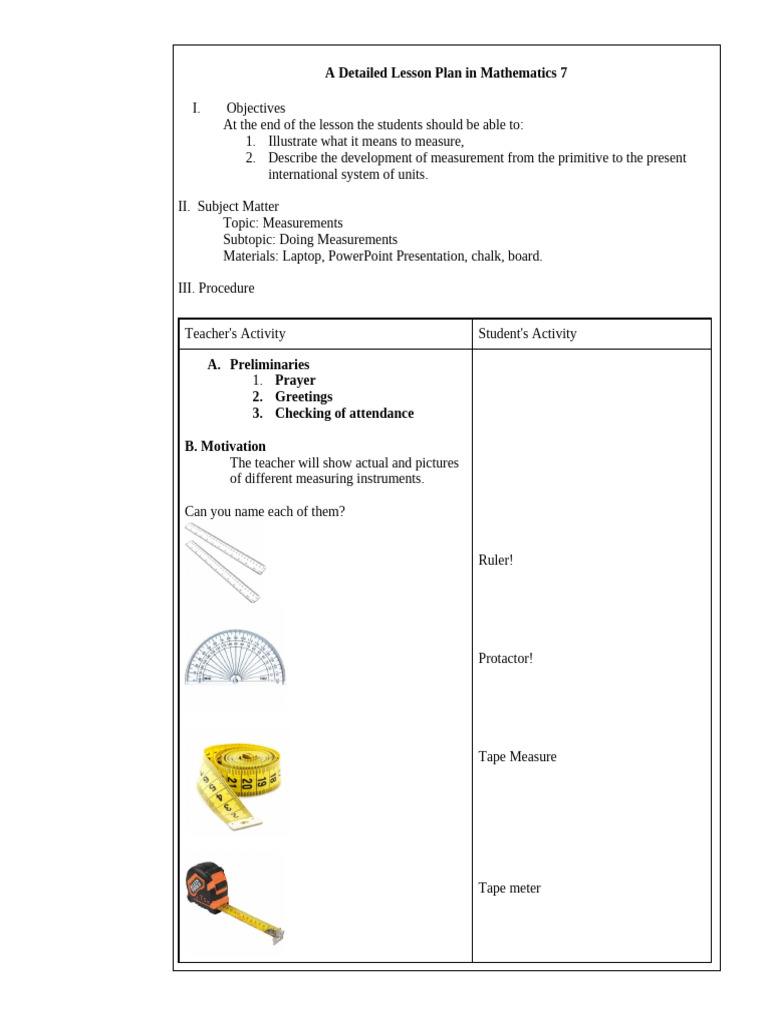 Mathematics 7 Lesson Plan on Measurements | PDF | Measurement | Foot (Unit)