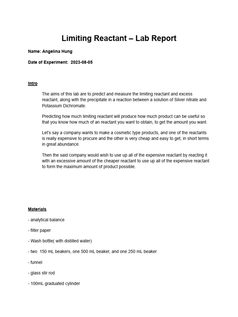 Chem11 - Limiting Reactant Lab | PDF | Filtration | Silver