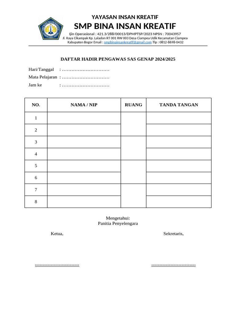 Daftar Pengawas Ruang SAS GENAP 2024-2025 | PDF