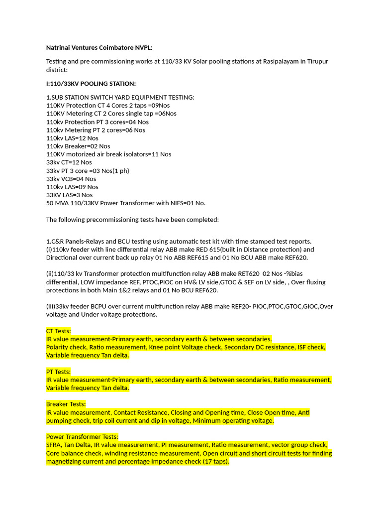 Testing and Commissioning Works | PDF | Transformer | Electricity