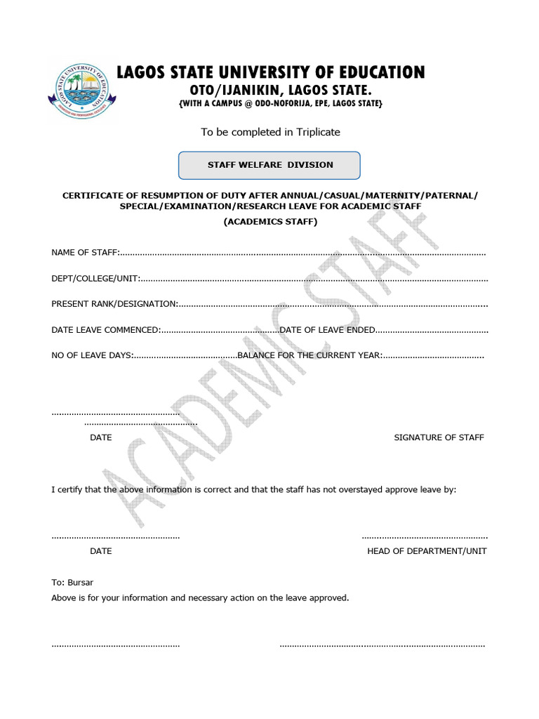 Certificate of Resumption Academic Staff | PDF