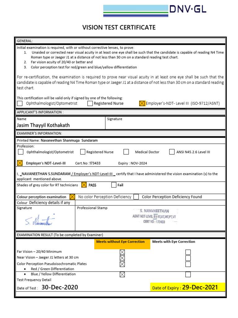 Jasim-Vision Test Cert-Expiry Dec-2021 | PDF