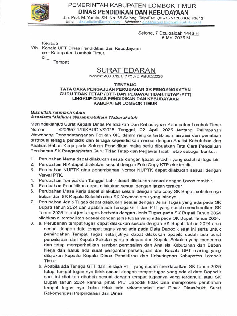 Surat Edaran Tentang Tata Cara Pengajuan Perubahan Sk Pengangkatan Gtt Dan Ptt | PDF