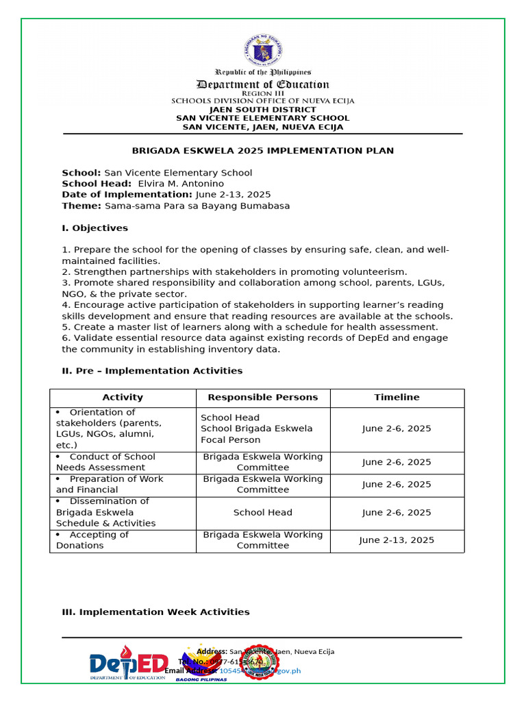 SVES 25 26 Brigada Eskwela Implementation Plan | PDF | Non Governmental Organization