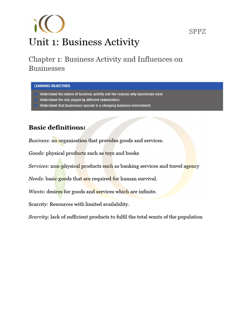 Chapter 1 Business Acitivity and Influences On Businesses iCO Business ...
