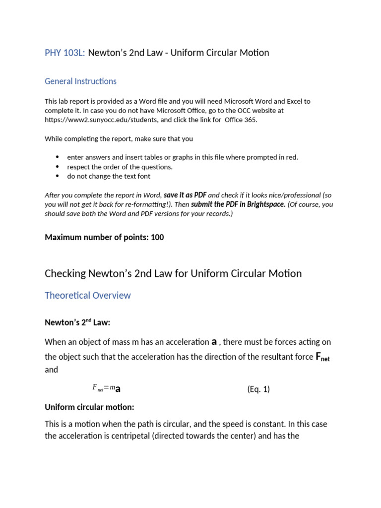 PHY 103L - Newton's 2nd Law - Uniform Circular Motion Completed | PDF | Force | Acceleration
