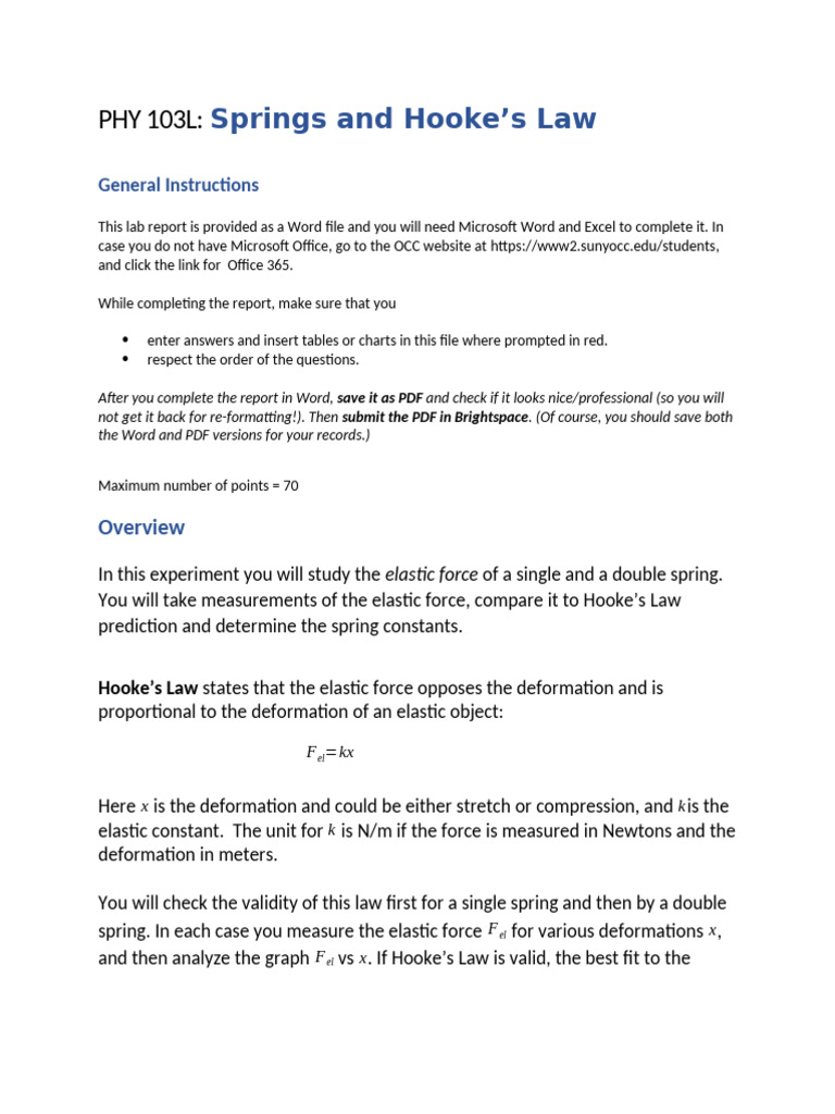 PHY 103L - Springs and Hooke's Law (Fall 24) Completedd | PDF | Force ...