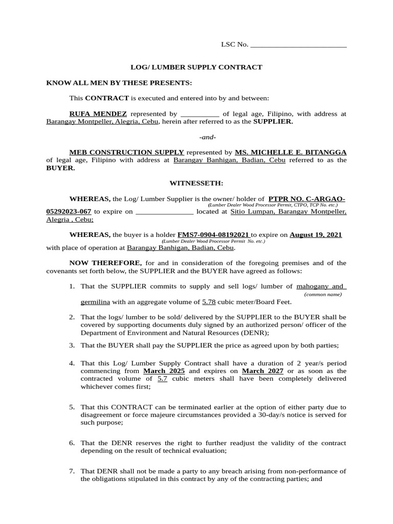 Log Lumber Supply Contract | PDF | Lumber | Private Law