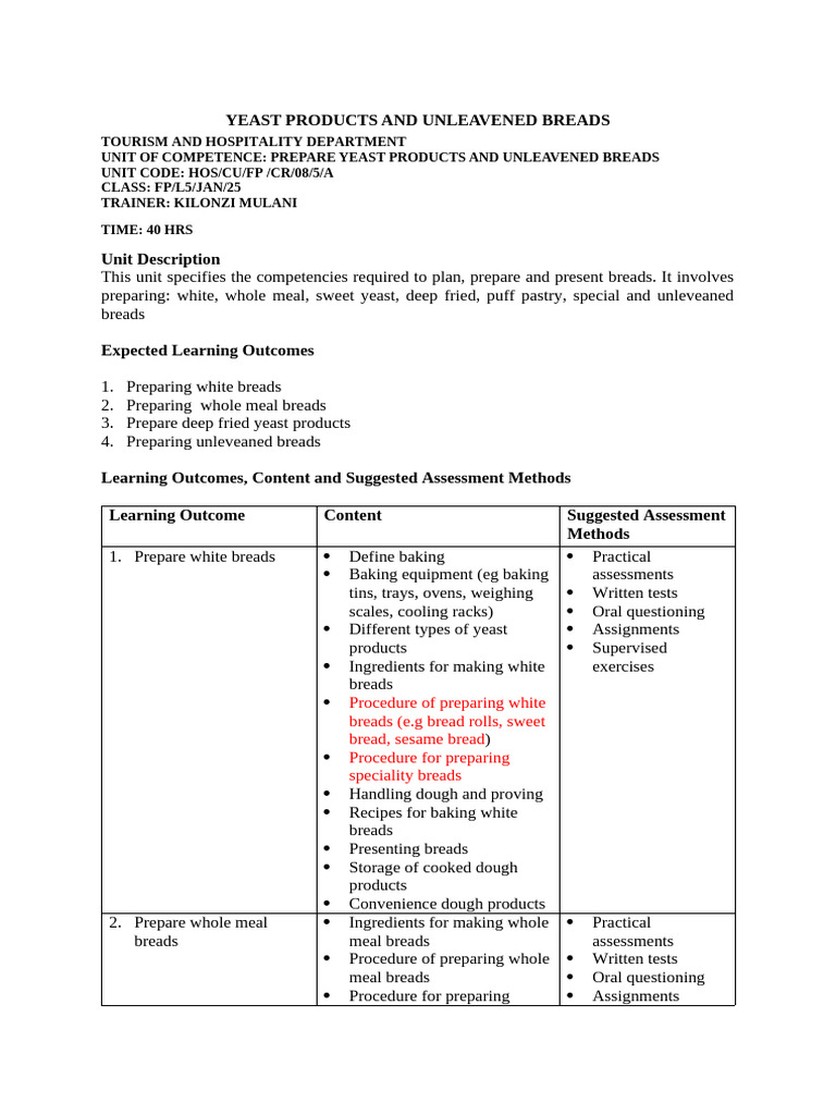 Yeast Products and Unleavened Breads Course Outline & Notes | PDF ...