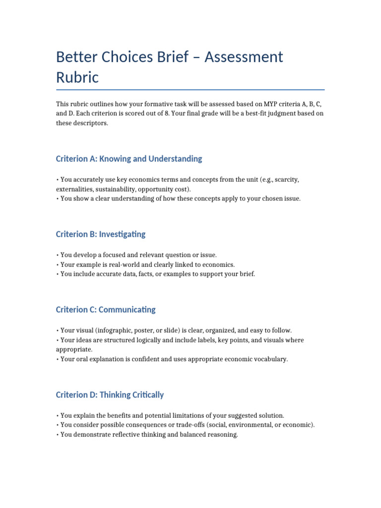 MYP Economics Assessment Rubric | PDF