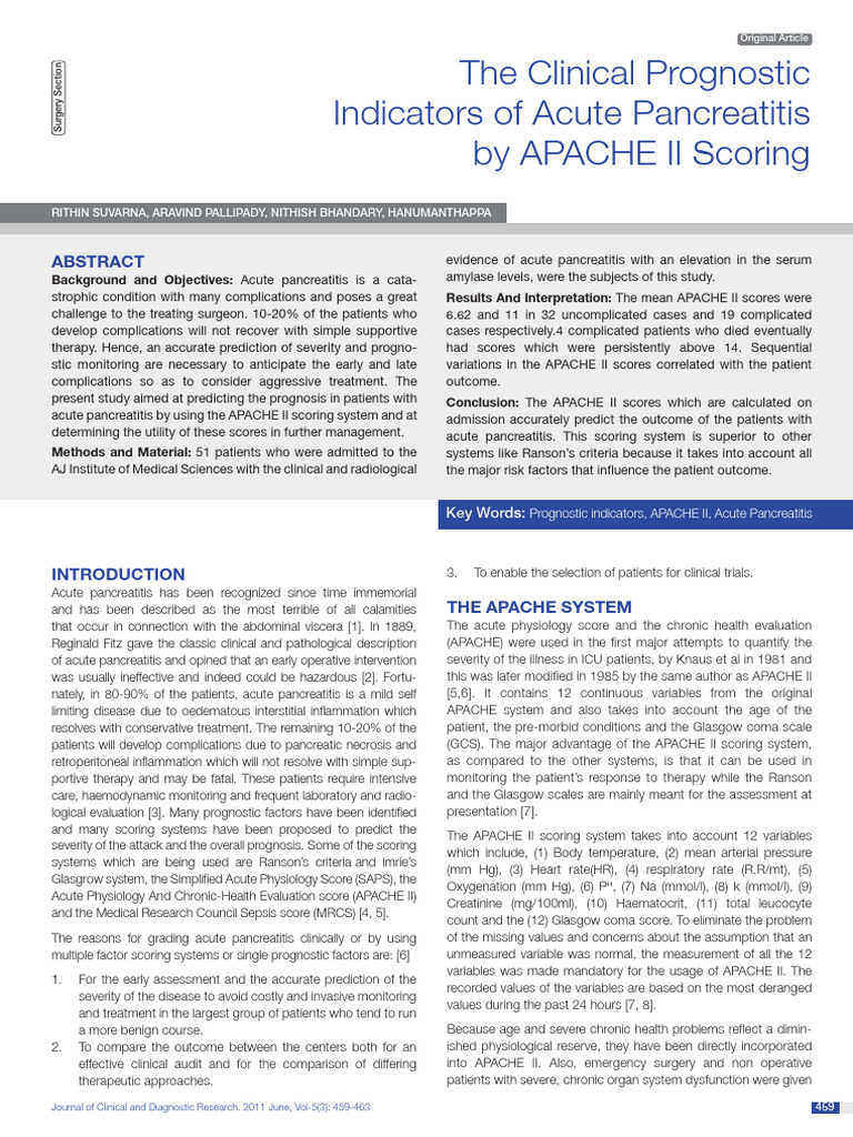 Apache II SCORE FOR ACUTE PANCREATITIS | PDF | Sensitivity And ...