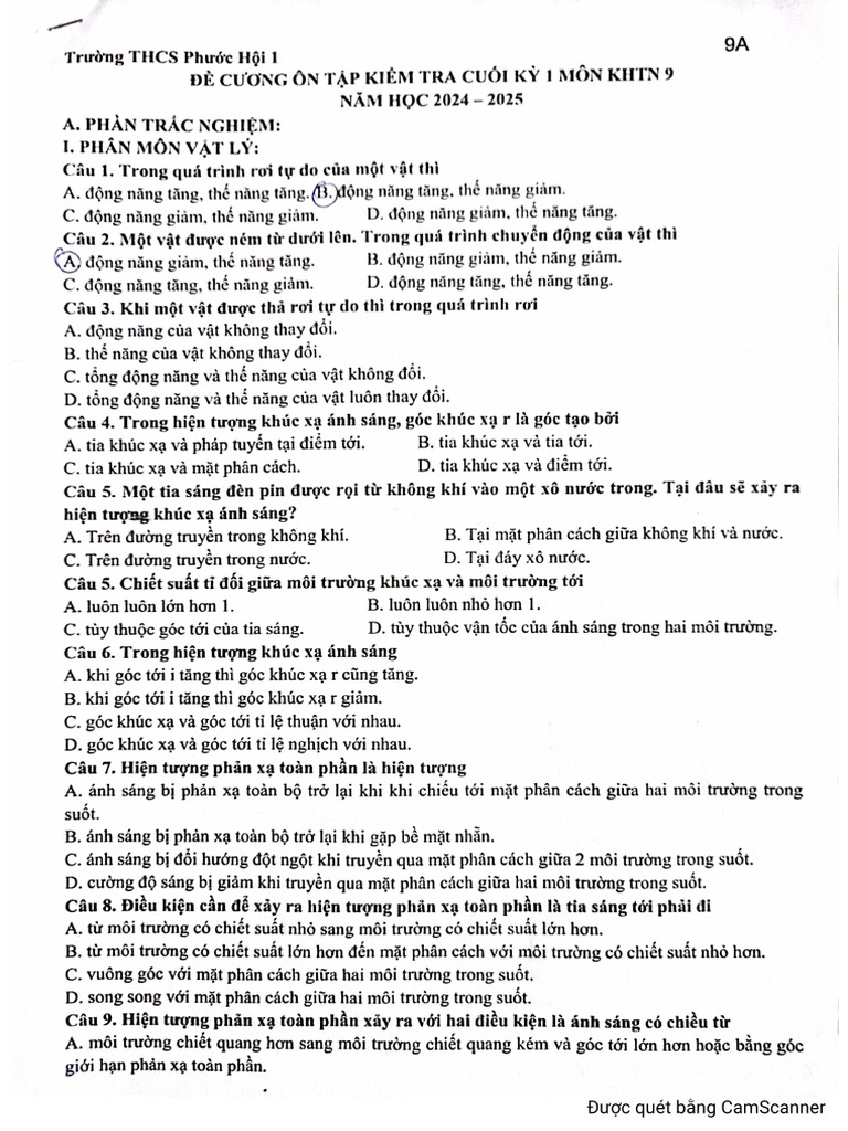 De Cuong KHTN 9 HK1 | PDF