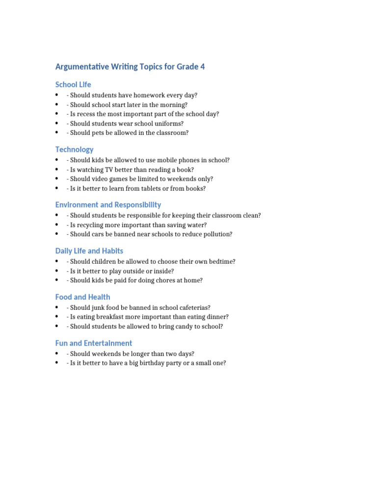Argumentative Writing Topics Grade 4 | PDF