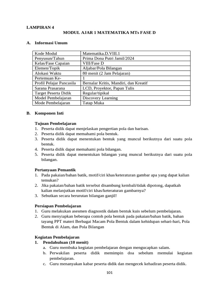 Modul Ajar Matematika SMP Kelas Viii Bab 1 | PDF