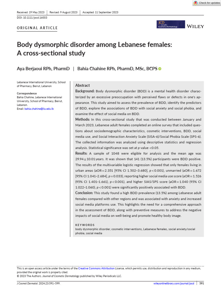 J of Cosmetic Dermatology - 2023 - Berjaoui - Body Dysmorphic Disorder Among Lebanese Females A ...