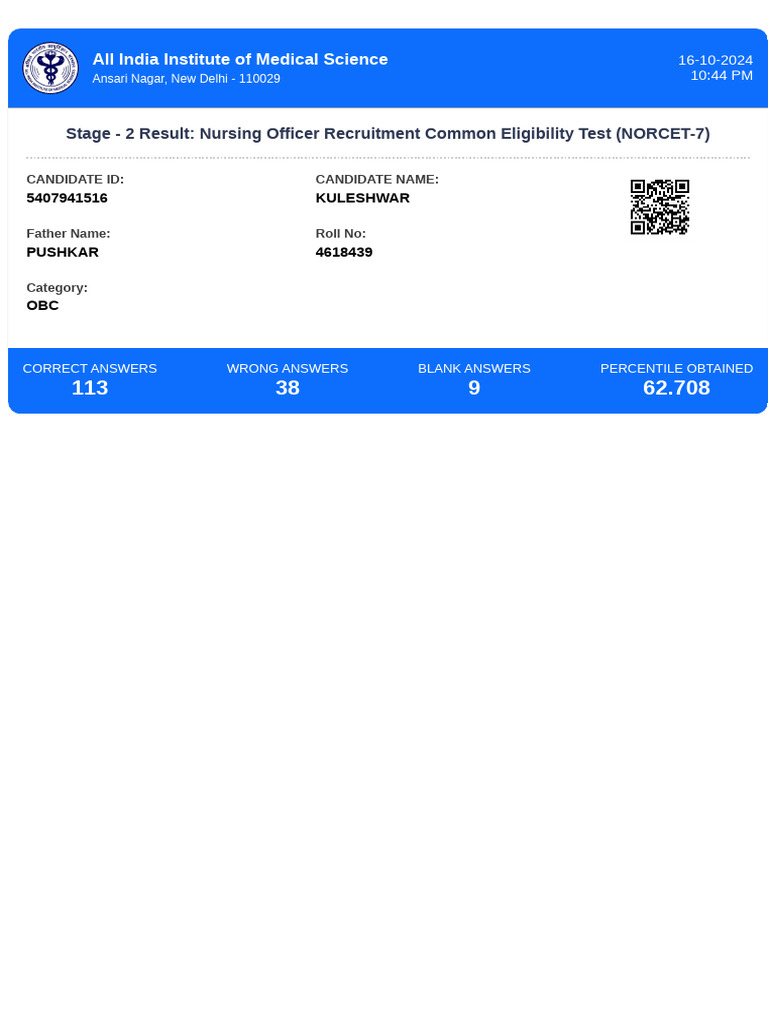NORCET-7 Score Card for Kuleshwar | PDF