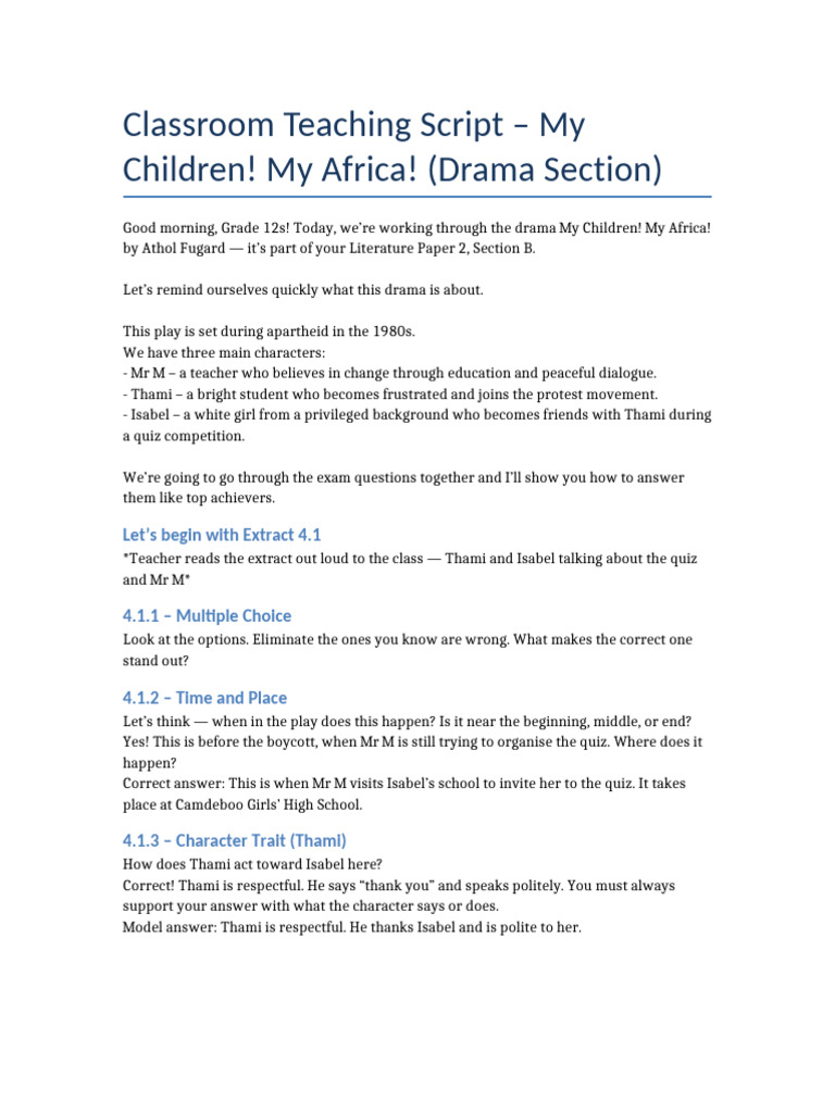 Grade 12 My Children My Africa - Teaching Script | PDF | Irony | Anger