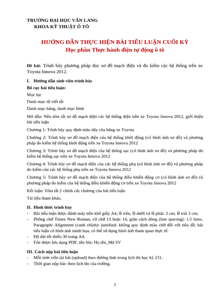 Hướng dẫn tiểu luận cuối kỳ - TH điện tự động ô tô - HK232 | PDF