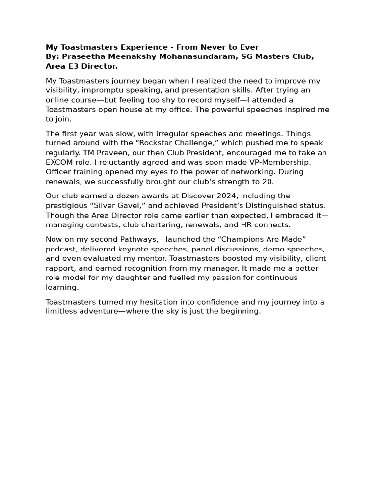 My Toastmasters Experience - Praseetha - V2 | PDF