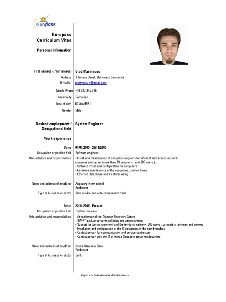 Europass-CV Marinescu Vlad | PDF | Computer Network | Server (Computing)