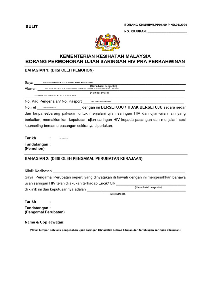16197-Borang Ujian Saringan HIV Pra Perkahwinan KKM 2 | PDF
