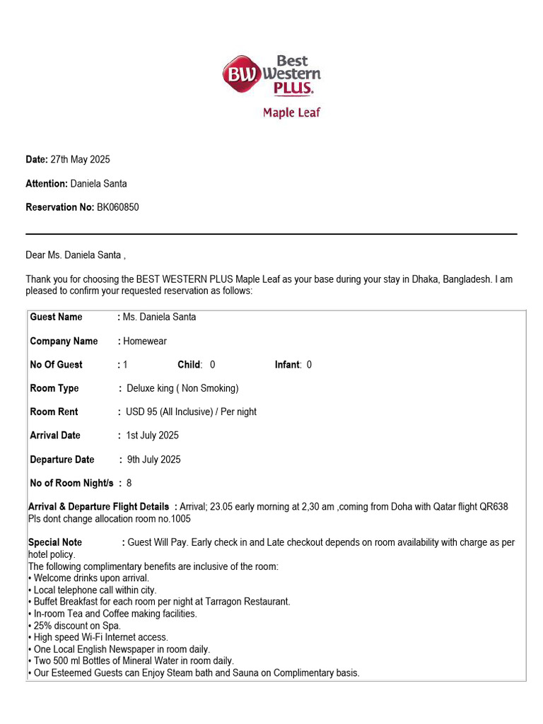 Dhaka Hotel Reservation Confirmation | PDF