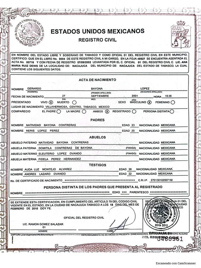 Acta de Nac Gerardo | PDF