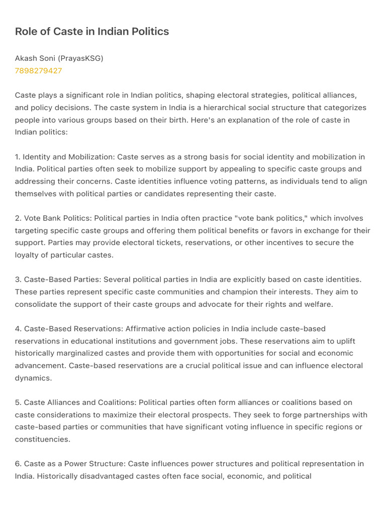 Role of Caste in Indian Politics | PDF | Political Parties | Caste